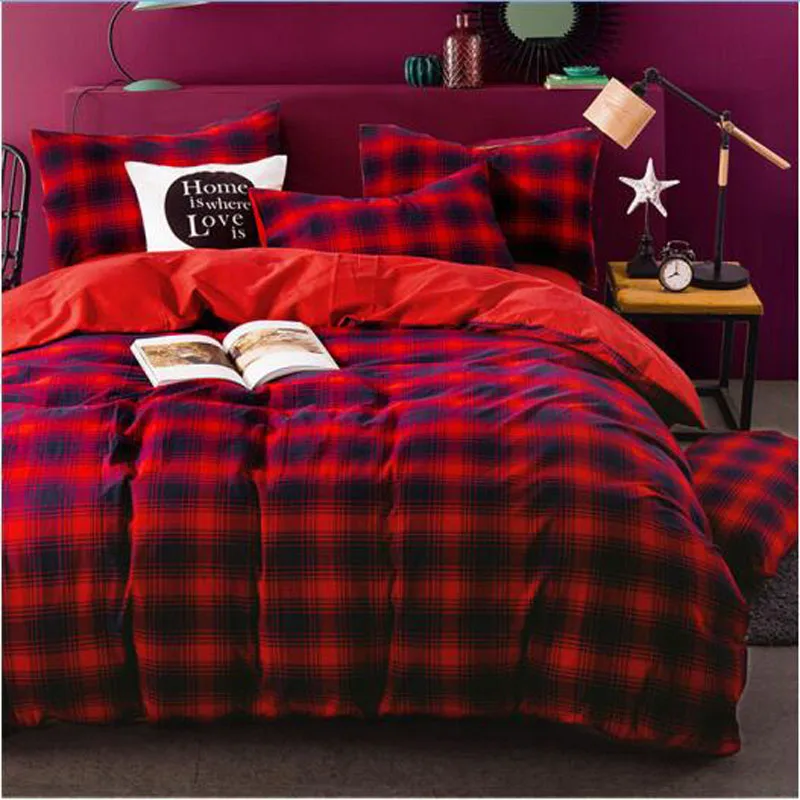 Red dark Blue big check 4pcs 100% cotton home hotel autumn winter ...