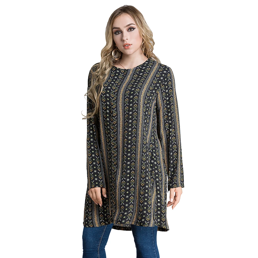 Islamic Women Clothing O Neck Print Loose Pacthwork Muslim Blouses Long