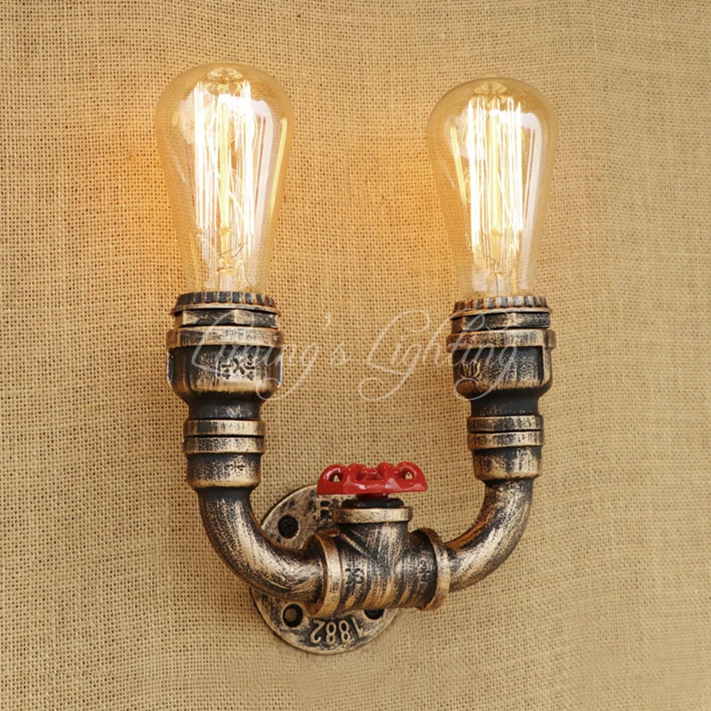 Retro Wall Lamp European Vintage Style 2 Heads Iron Rust Water Pipe ...