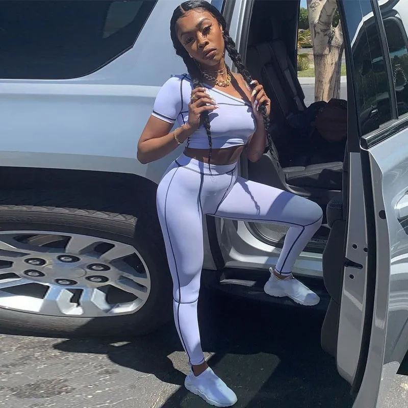 Fashion Active Wear Black Fitness Tracksuits One Shoulder 2 Piece Set ...