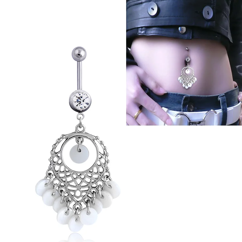 White Gem 316l Surgical Steel Navel Piercing Rhinestone Dangle Belly