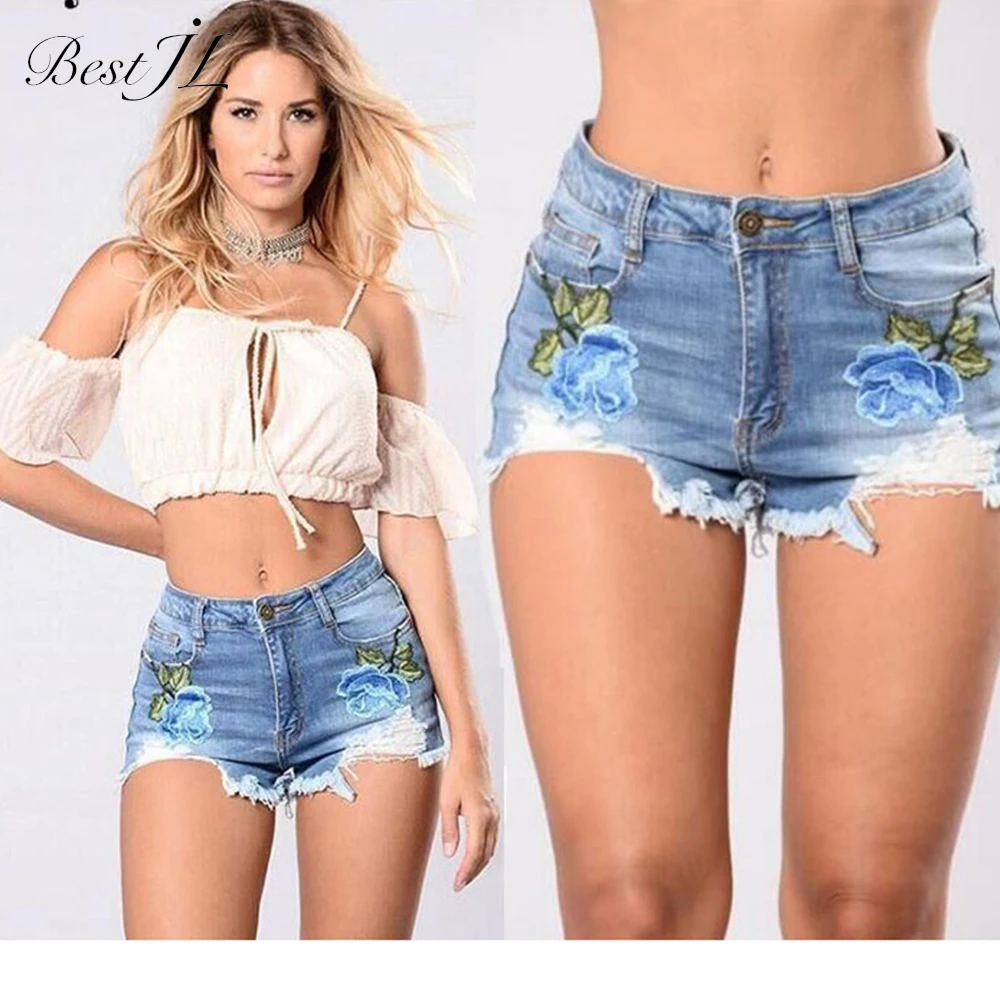Moda Bordado Denim Shorts Deshilachados Agujero Floral Denim Jeans Cintura Alta Pantalones