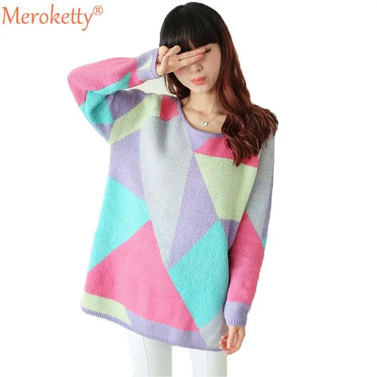 Women Geometric Printed Sweater New Fashion O neck Triangle Pullovers ...