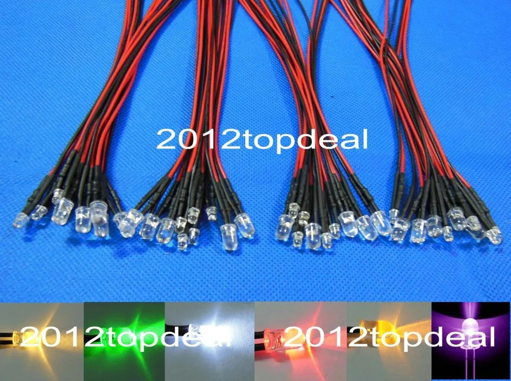 10-100pcs 3mm/5mm Red/Green/Blue/RGB 3V 5V 12V DC Round Pre-Wired Water ...