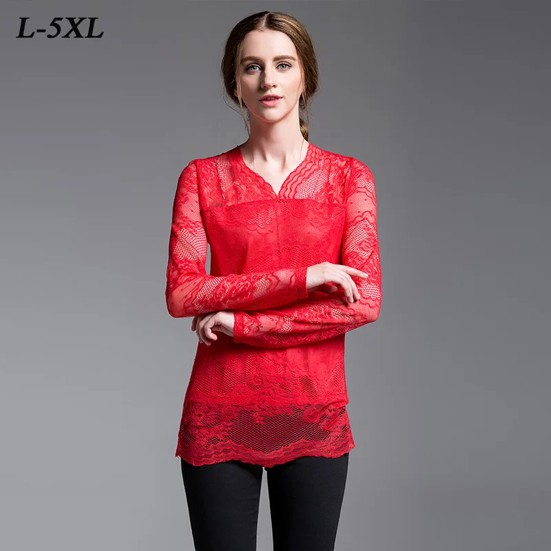 4XL 5XL Sexy Red Blouse Women Cropped Plus Size Thin Lace Shirt Long ...