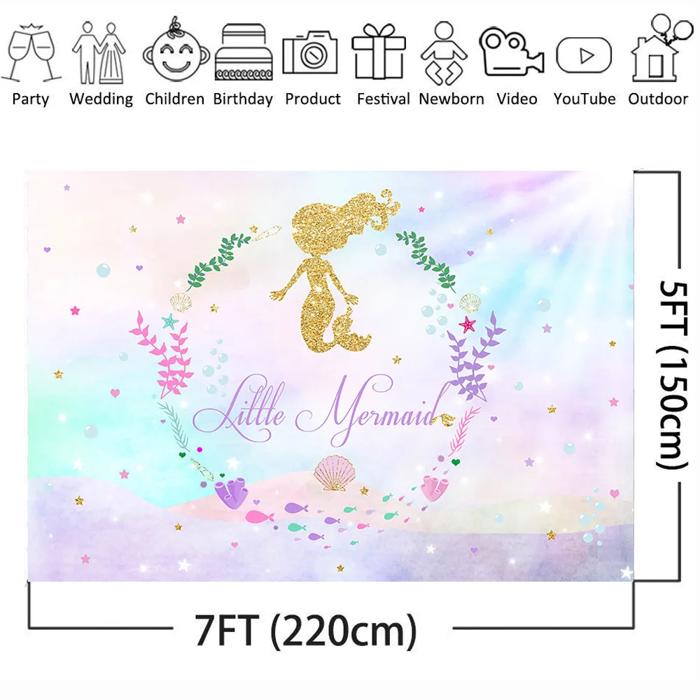 Mehofoto Gold Little Mermaid Backdrop Princess Birthday Party Cake ...