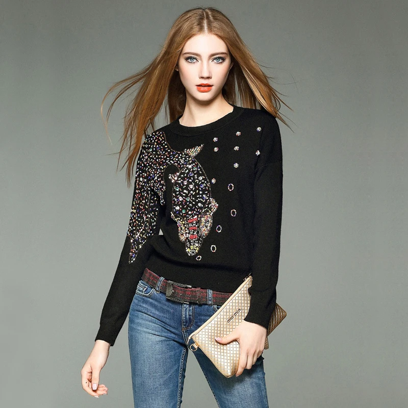 Women oversized sweater designer runway luxury Diamonds Beading knitted ...