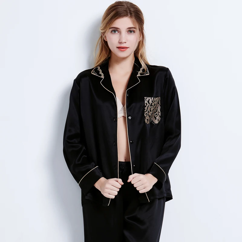 Womens Silk Sleepwear Solid Color Silk Summer Long Sleeve Twinset