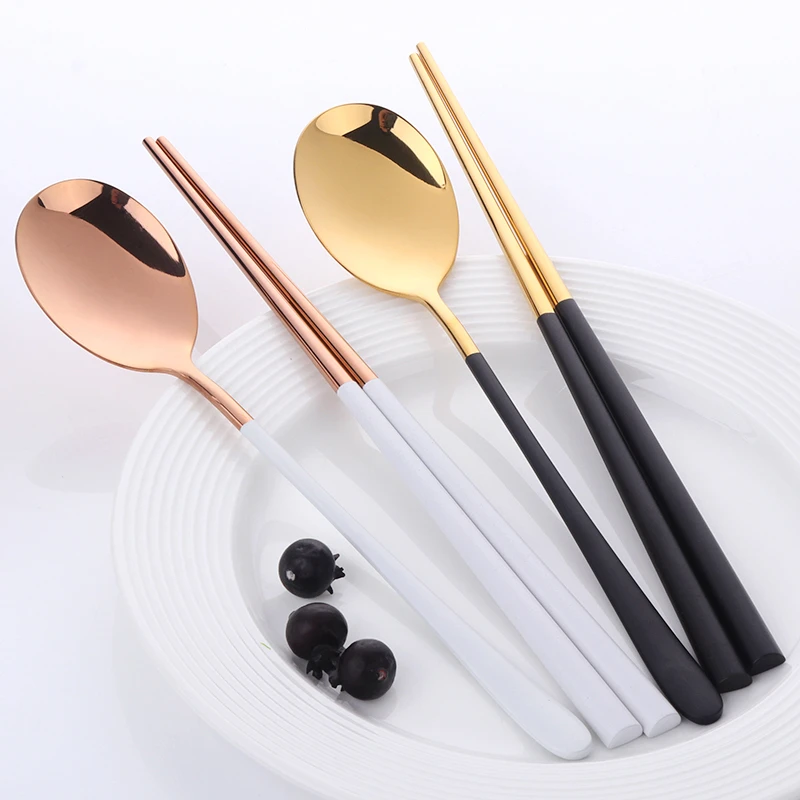 5 Set Korean Chopsticks Spoon Set Stainless Steel Gold Black Chopstick ...