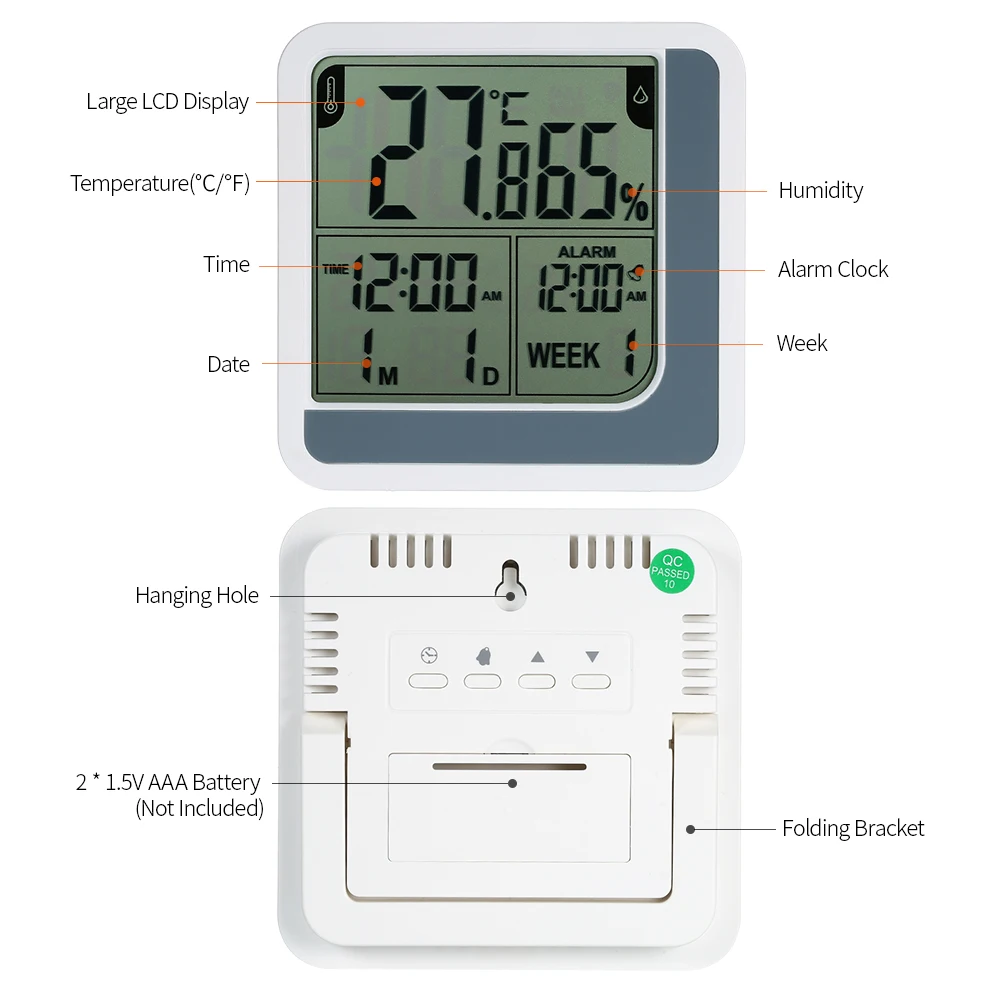 Digital LCD Room Temperature Humidity Gauge Meter Alarm Clock Indoor ...