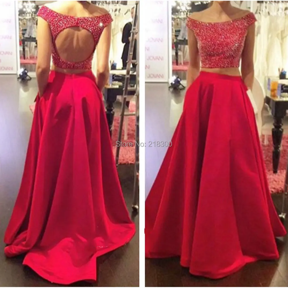 2 pieces red prom dresses open back sparkly beaded crop tops prom gowns ...