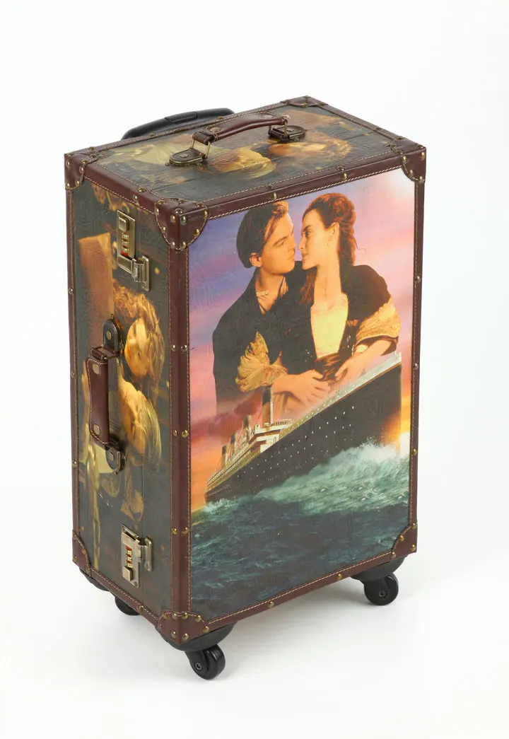 PU leather Wood 4 Wheels suitcase Travel Trolley Painting Cabin Luggage ...