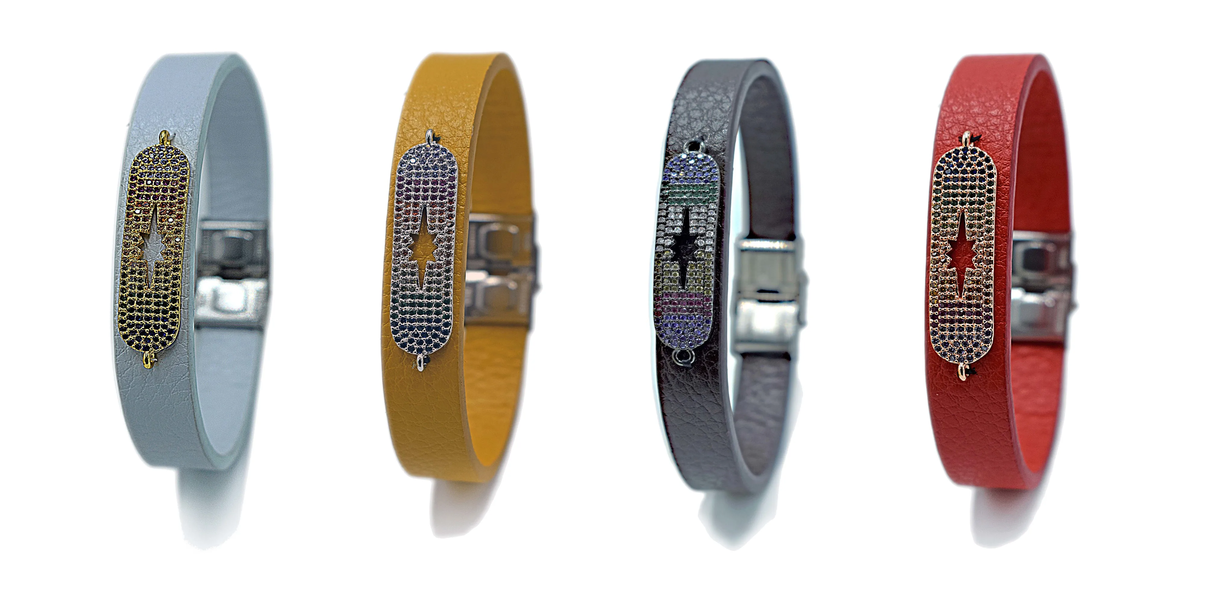 Stainless Steel Leather Bracelet Cubic Zirconia Bracelet Micro inlaid ...