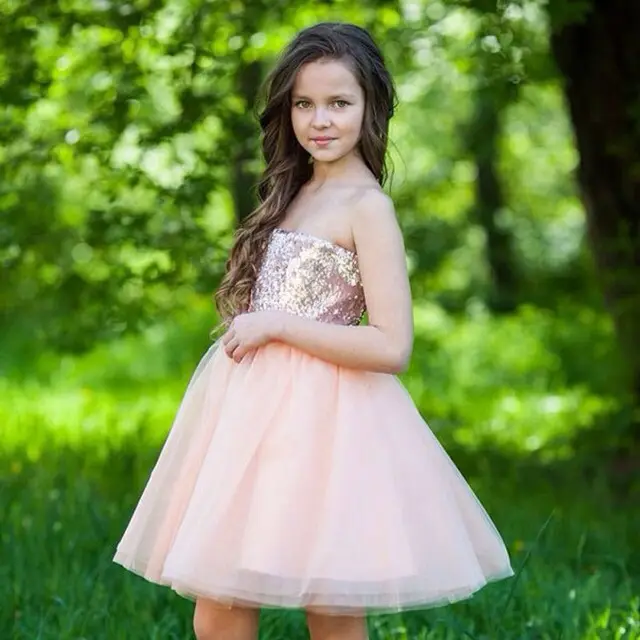 Gold Sequin Strapless Short Mini Flower Girl Dresses Light Pink Pageant ...