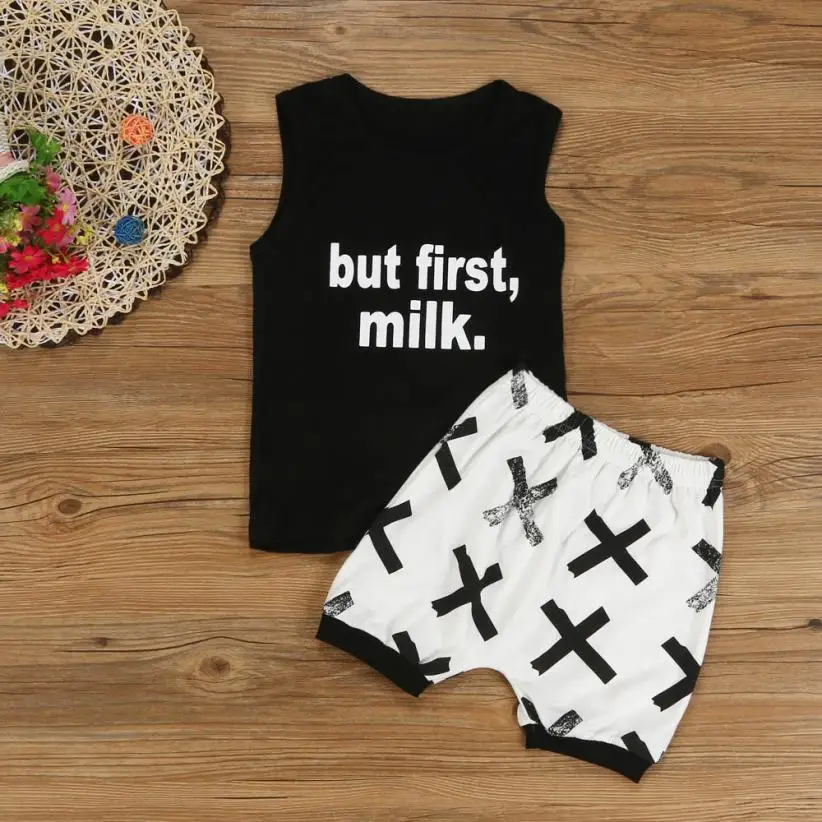 Kids Baby Sleeveless But First Milk Print T Shirt Tops+Pants Clothes ...