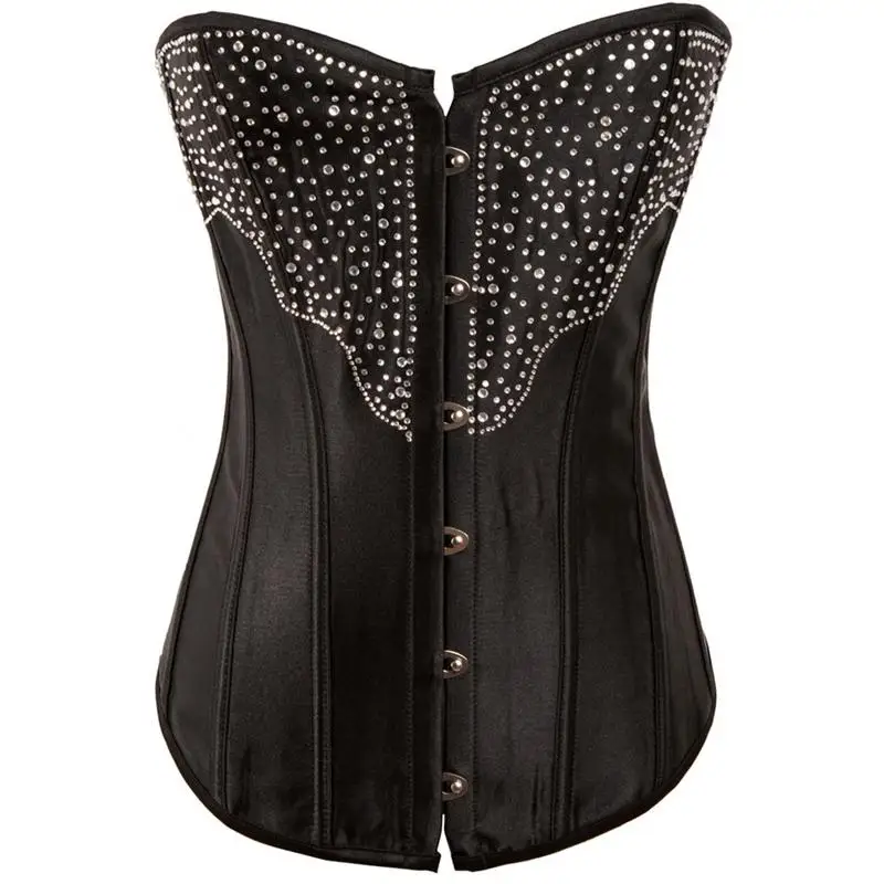 Black Beading Overbust Metal Buckle Corset S M L XL XXL Women Brand New rhinestones Bustier top ...