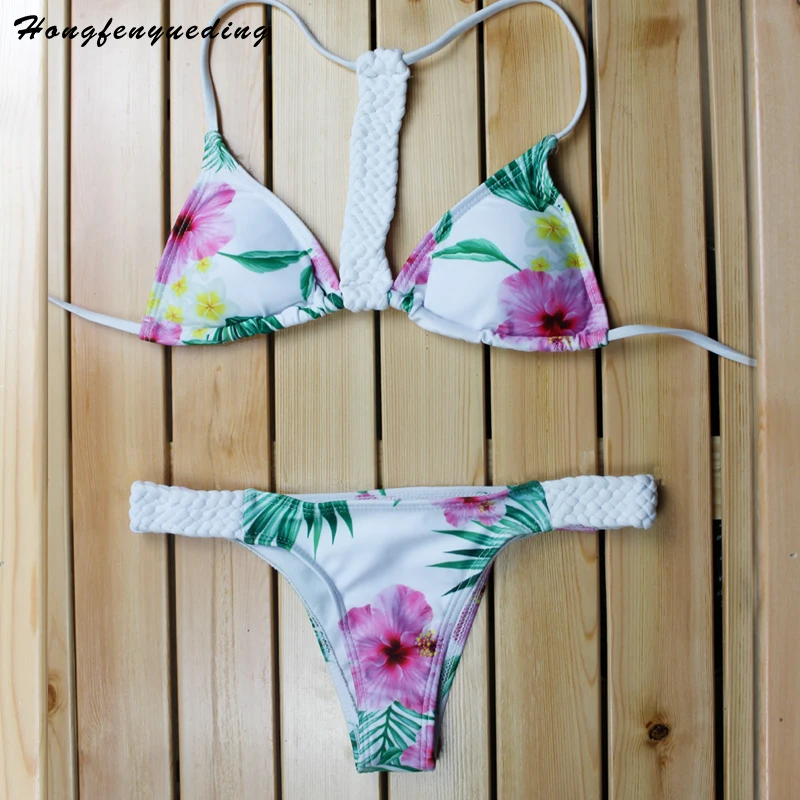 Hongfenyueding Swimsuit Brazilian Bikini Cetak Thong Micro Bra Sexy
