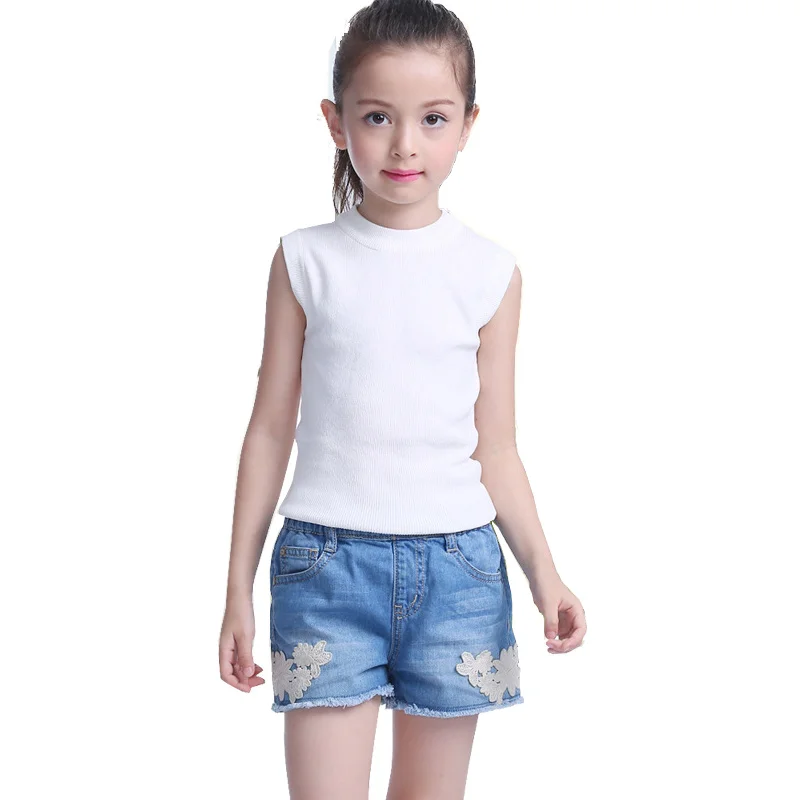 3 12 Years Girls Lace Embroidered Denim Shorts summer Light blue Casual ...