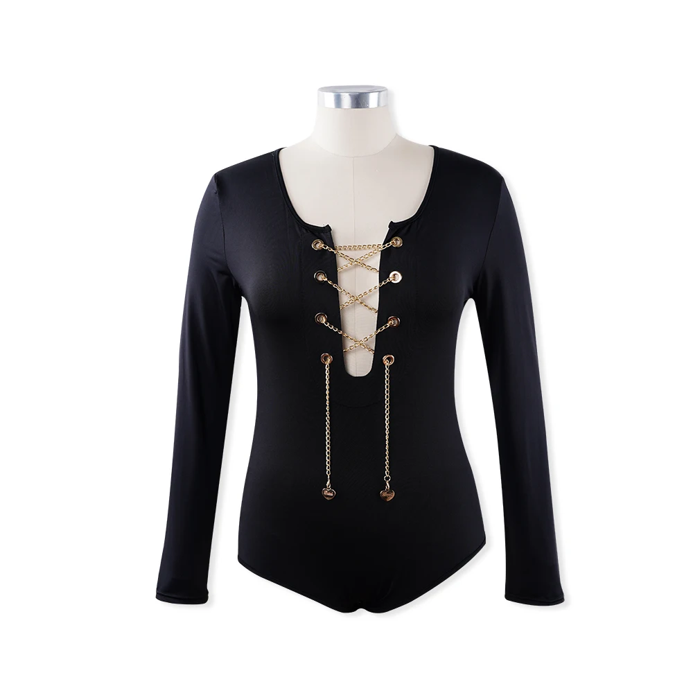 Body Sexy negro liso para mujer, mono con cadena de Metal, decoración ...