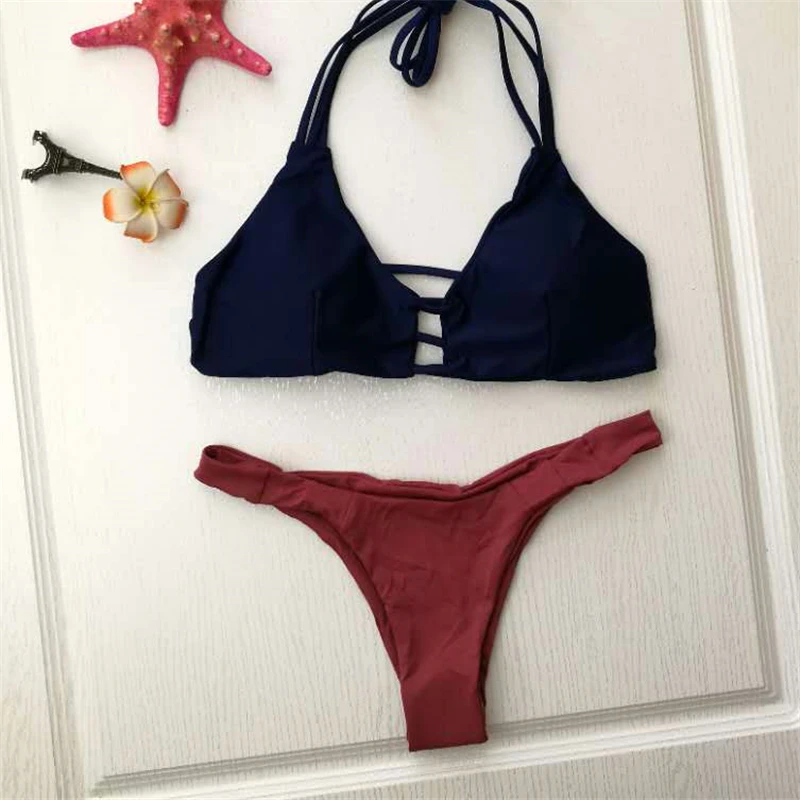 Hongfenyueding Swimsuit Solid Sexy Brazilian Thong Bikini Set Bandeau