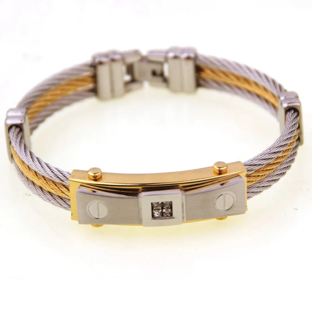 2017 Full Gold Color Wire Cable Men's Crystal Bracelets Bangles Fashion ...