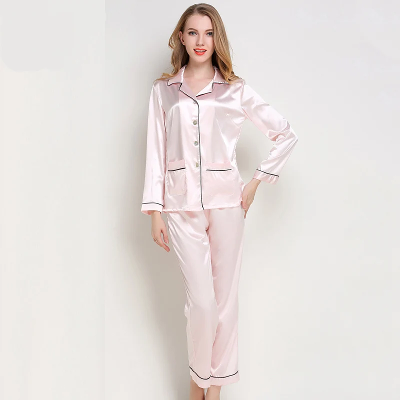 2019 Autumn Summer Women Ladies Sexy Satin Silk Pajamas Sets Long