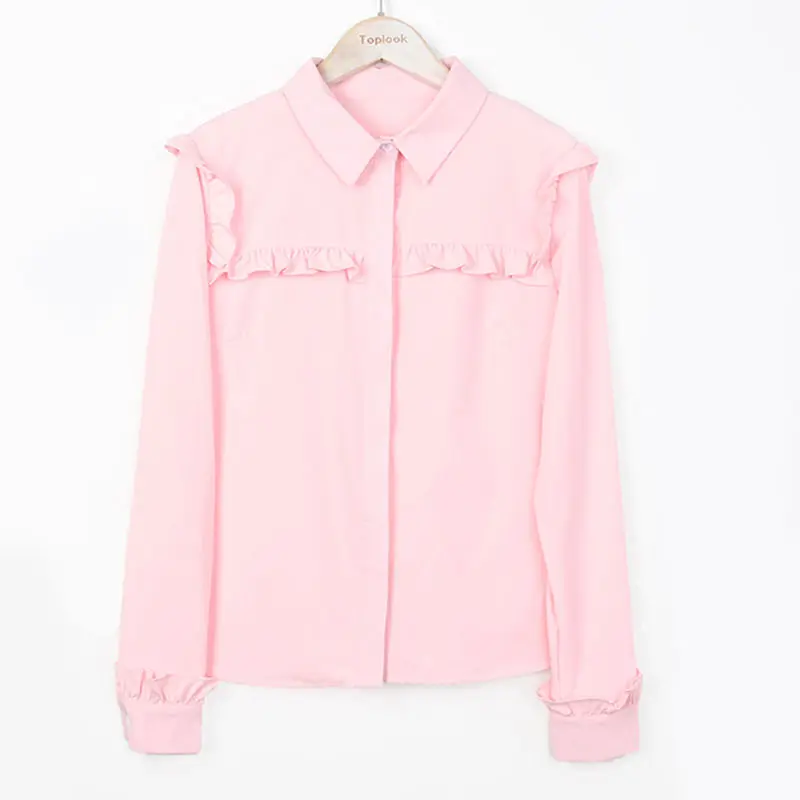 Pink Ruffles Button Women Blouse 2018 Long Sleeve Turn Down Collar ...