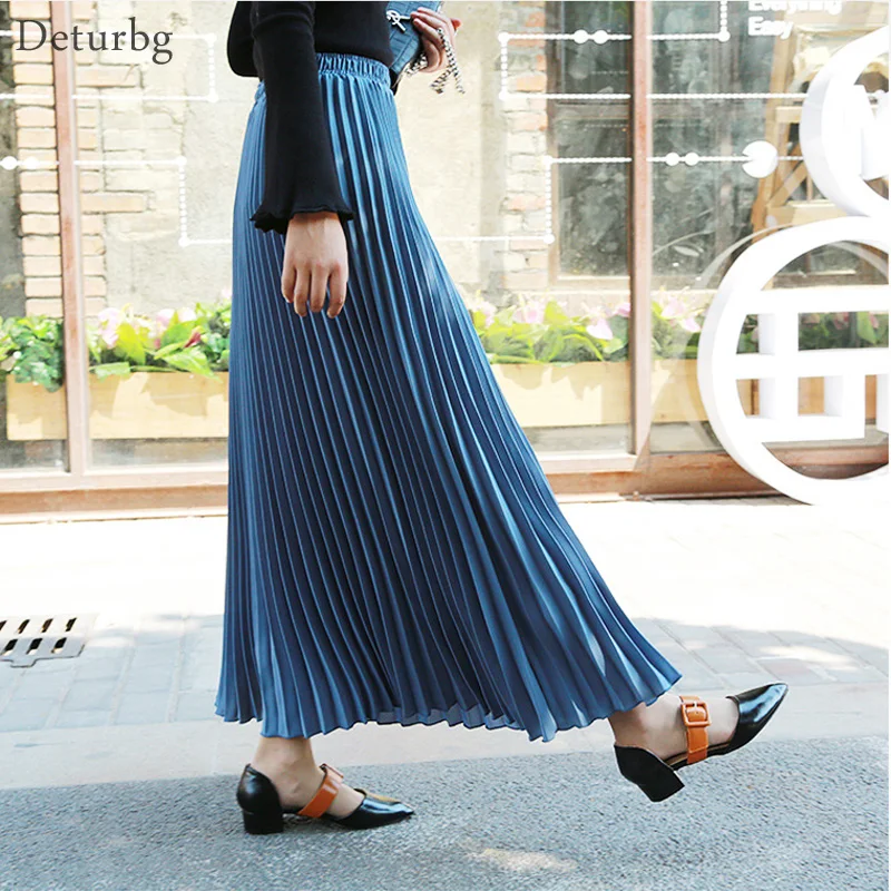 Womens Fashion Pleated Midi Long Skirt Female Korean Japanese Casual