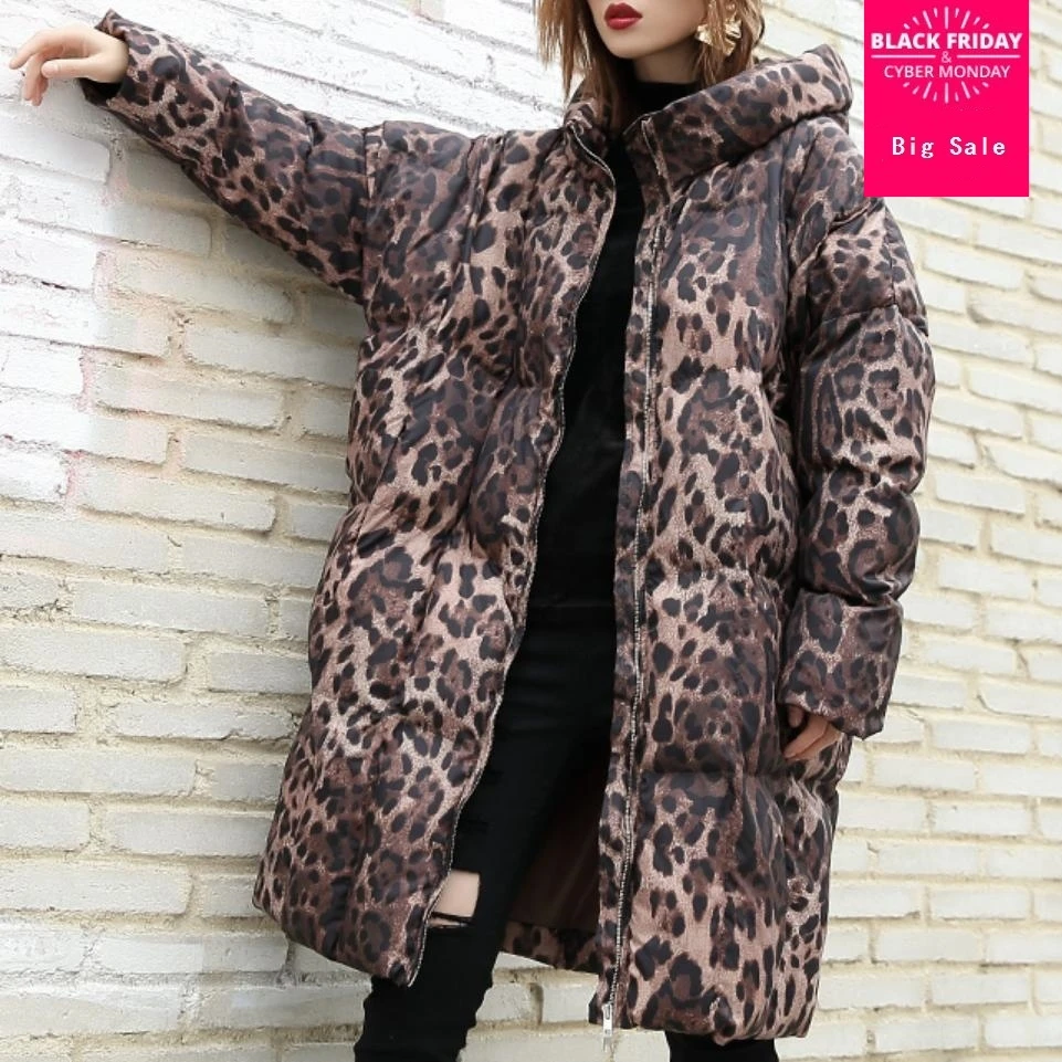 Winter women's jacket fashion hooded Leopard print parkas long sleeve ...