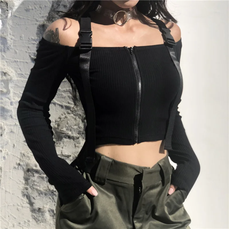 2019 Autumn Fashion Off Shoulder Long Sleeve Crop Tops T Shirt Women