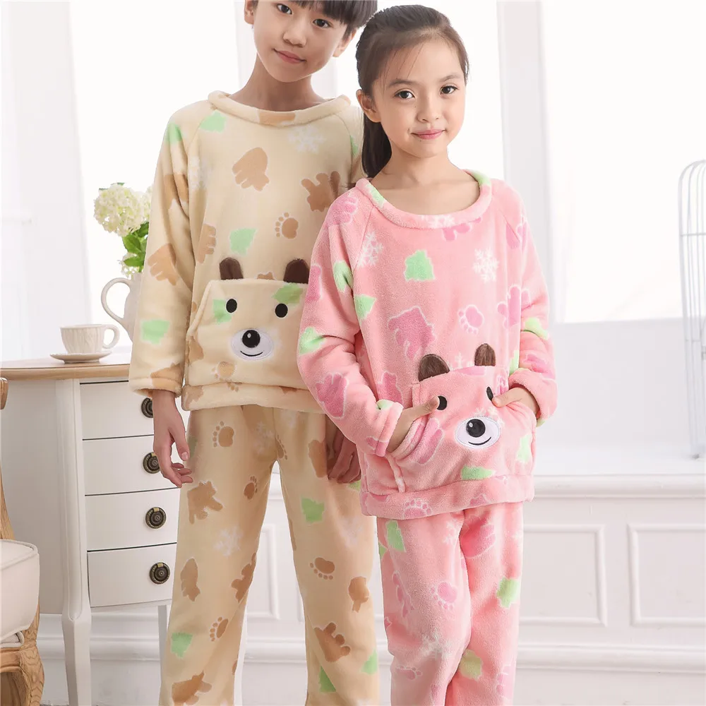 Winter Kids Pijamas Flannel Sleepwear Girls Boys Pyjamas Coral Fleece ...
