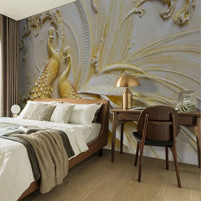 Európai Stílusú 3D -S Segélyek Arany Páva Falfestmény Háttérkép Nappali ...