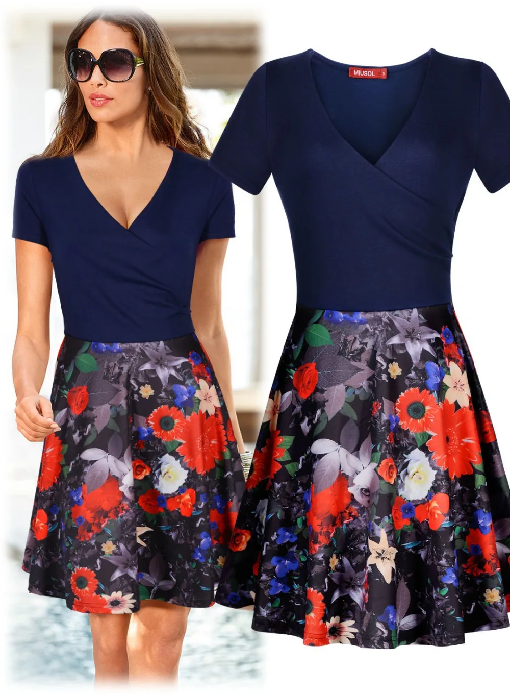 Free Shipping Womens A Line Casual Tropical Hawaiian Floral Print Prom Party Dress Skater V