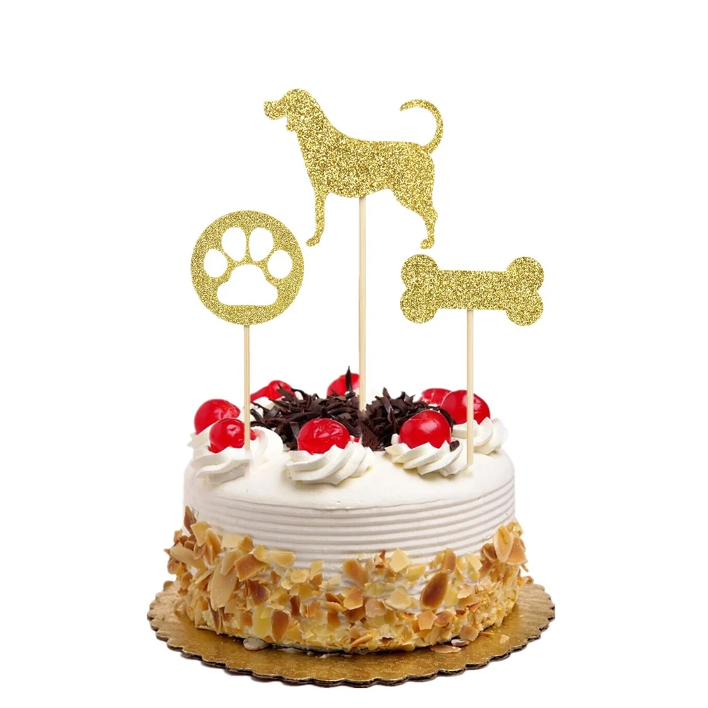 12pcs Shining Dog Cake Topper Bone Footprint Decor Insert Card ...
