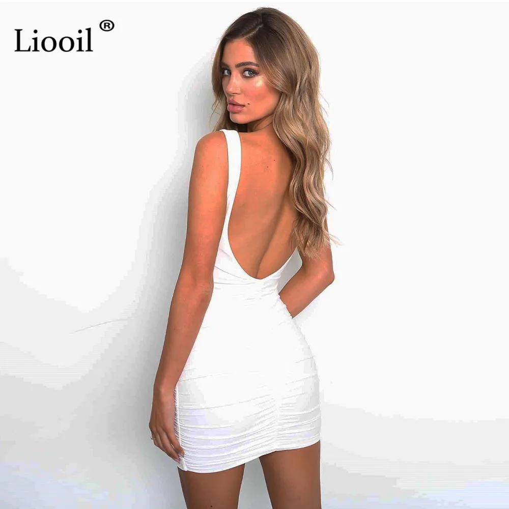 Liooil Summer Black White Spaghetti Strap Mini Dress Women Sexy Club V