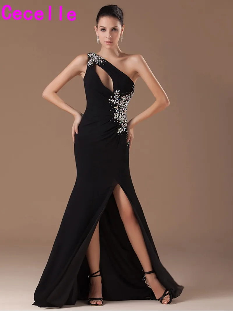 2019 Sexy Long Black Prom Dresses One Shoulder Crystals A line Sweep ...