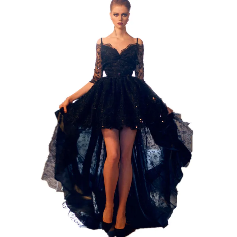 Short Front Long Back Hi Low Black Lace Prom Dress Party Dress ...