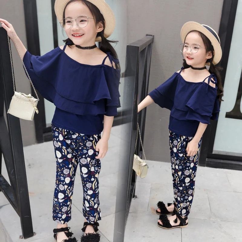 2017 summer clothes 12 year girls Sling t shirt+pants flower girls ...