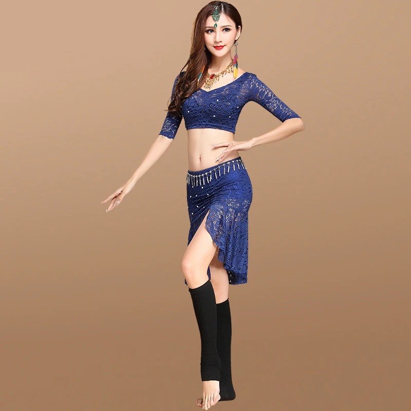 2017 New Women 2 Piece Deep V Collar Sexy Belly Dance Costume Lace Top