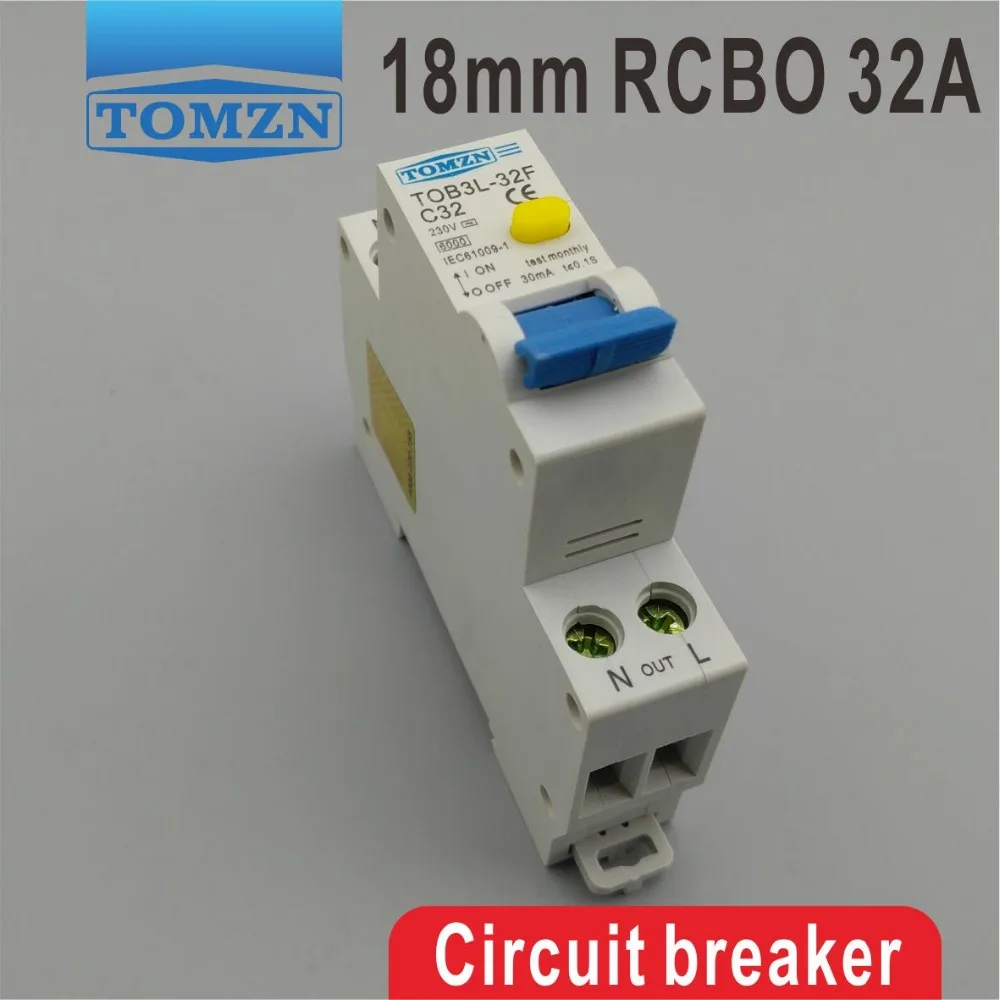 TOB3L-32F 18MM RCBO 32A 1P+N 6KA Residual current Circuit breaker with over current and Leakage ...
