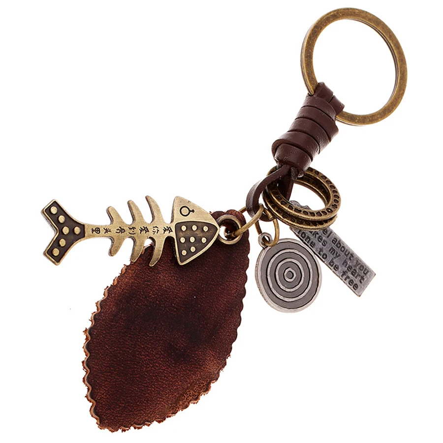 Punk-Vintage-Fish-Bone-Shape-Keychain-Genuine-Leather-Key-Chain-Ring ...
