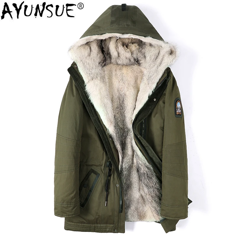 AYUNSUE Real Wolf Fur Coat Men Long Winter Jacket Man Hooded Parka ...