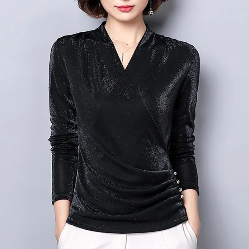 Elegant Bright Silk Women Shirt Tops Long Sleeve Autumn Spring Solid ...