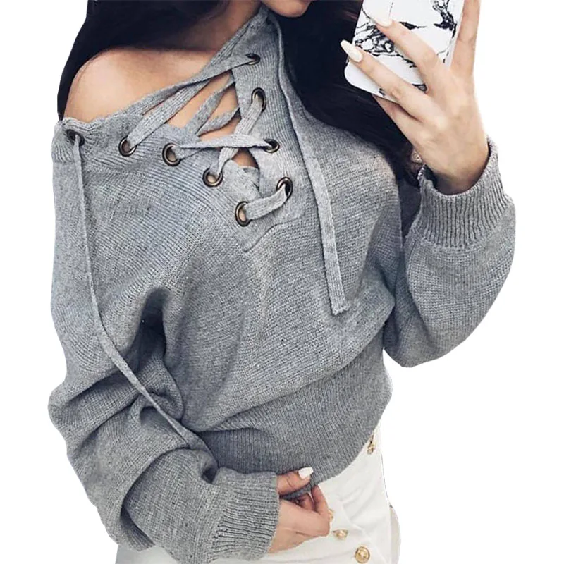 2016 Europe America Sweater Women Bandage Hot Deep Sexy Pullover