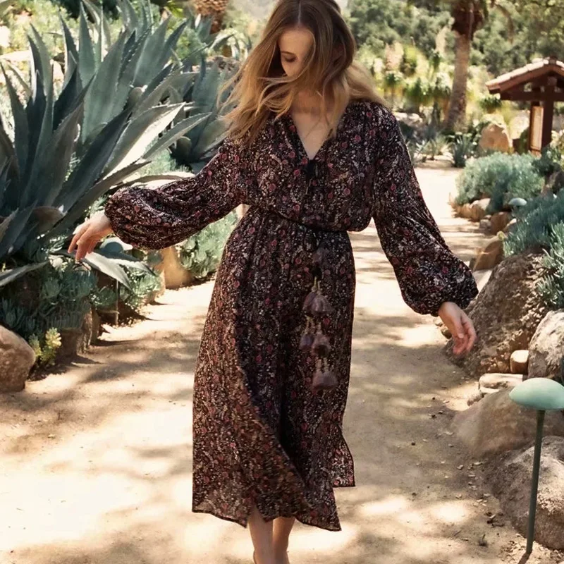 Boho Inspried Floral Printed Women Dress Cotton Lantern Sleeve Slit