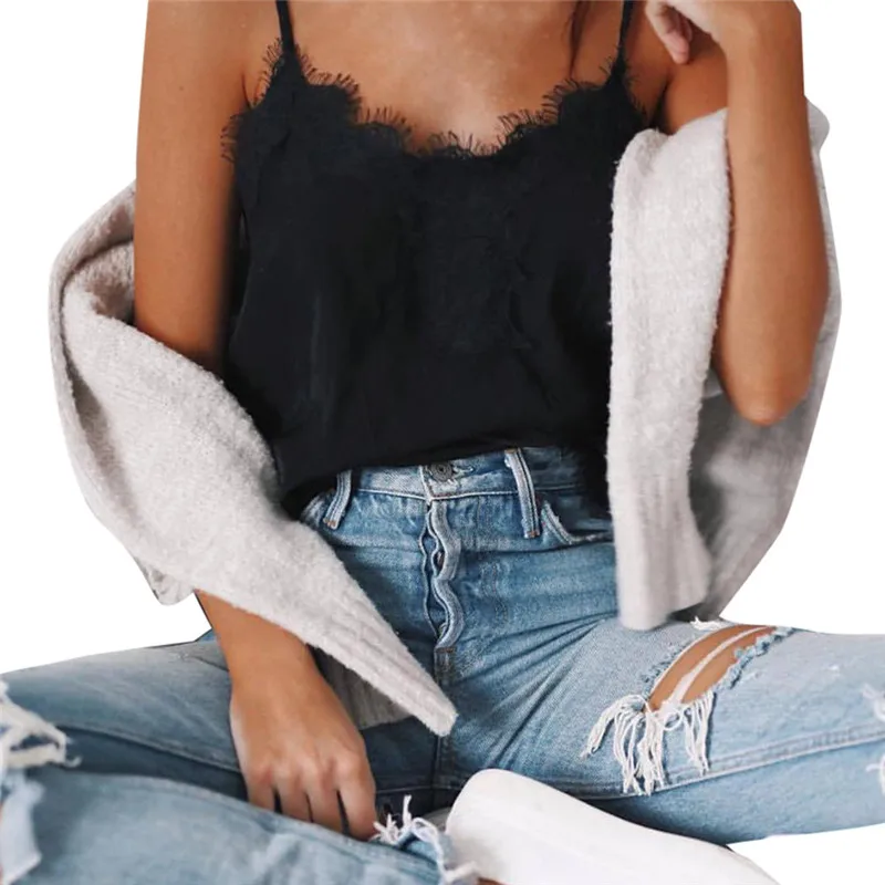 Summer Sleeveless Chiffon Lace White Black Women Tank Top Sexy Deep V