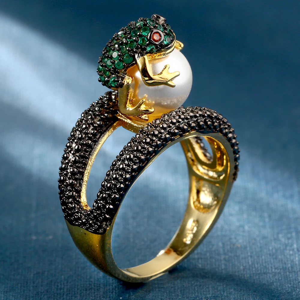 Micro Pave Zircon Frog Hug Pearl Ring - styloclubs.com