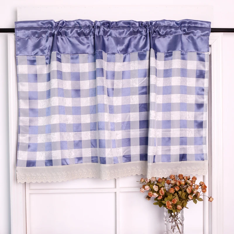 Plaid blue white check pattern short curtains for kitchen 2 side ...