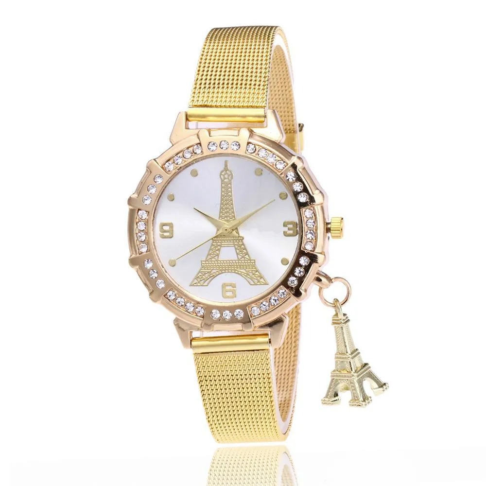 New Women Watches Brand Luxury Paris Tower Diamond Pendant Clock Ladies Quartz Dress Wrist Watch