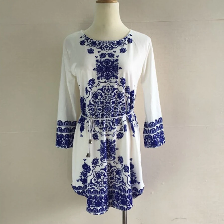 2017 Summer Dress Women Sexy Dress Plus Size Blue and white porcelain ...